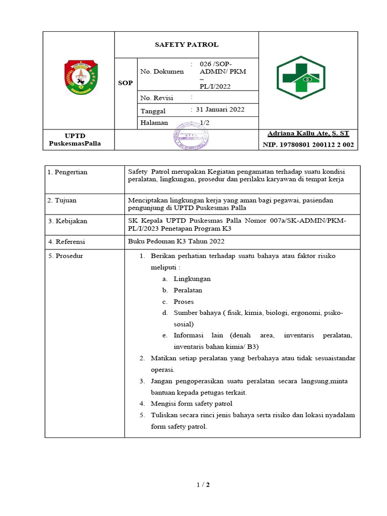 SOP Safety Patrol Puskesmas | PDF