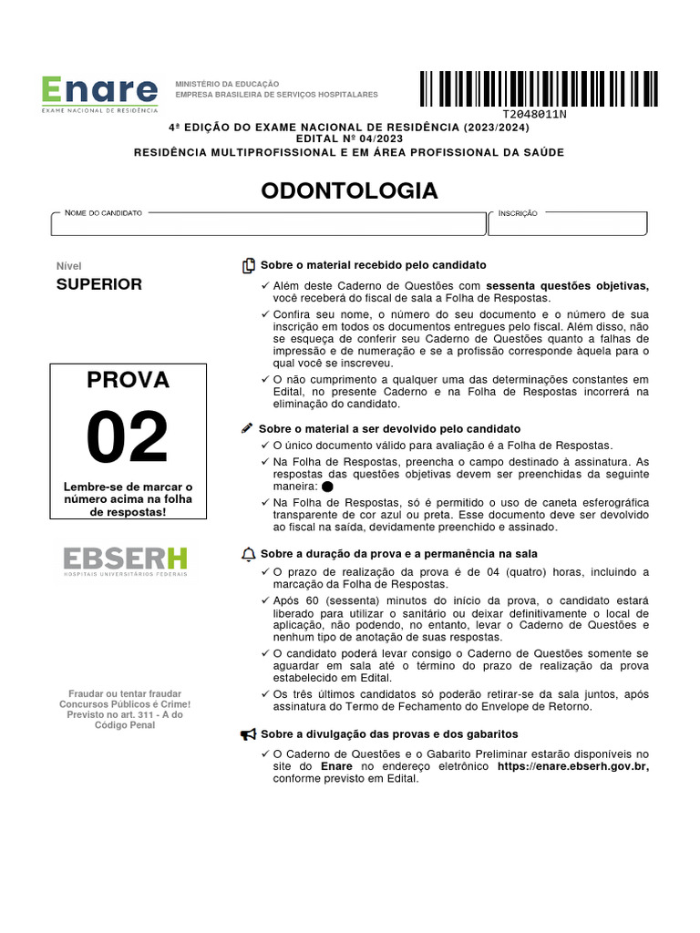 Prova 2 Enare 2023/2024 Odontologia | PDF | Odontologia | Câncer