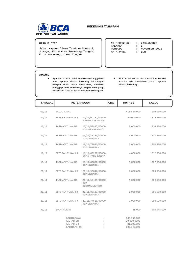 252.211 Rekening Koran Bank BCA Atas Nama Harold Dito (Thoriq Adli) November 2022 | PDF