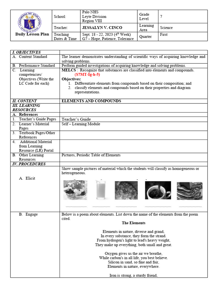 SCI7 - Q1W4 - Elements and Compounds | PDF | Chemical Elements | Chemical Compounds