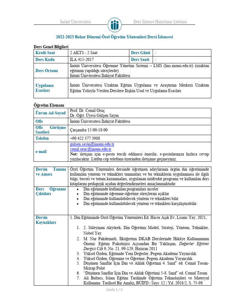 ÖÖYders Izlencesi Ders İzlence Hazırlama Şablonu | PDF