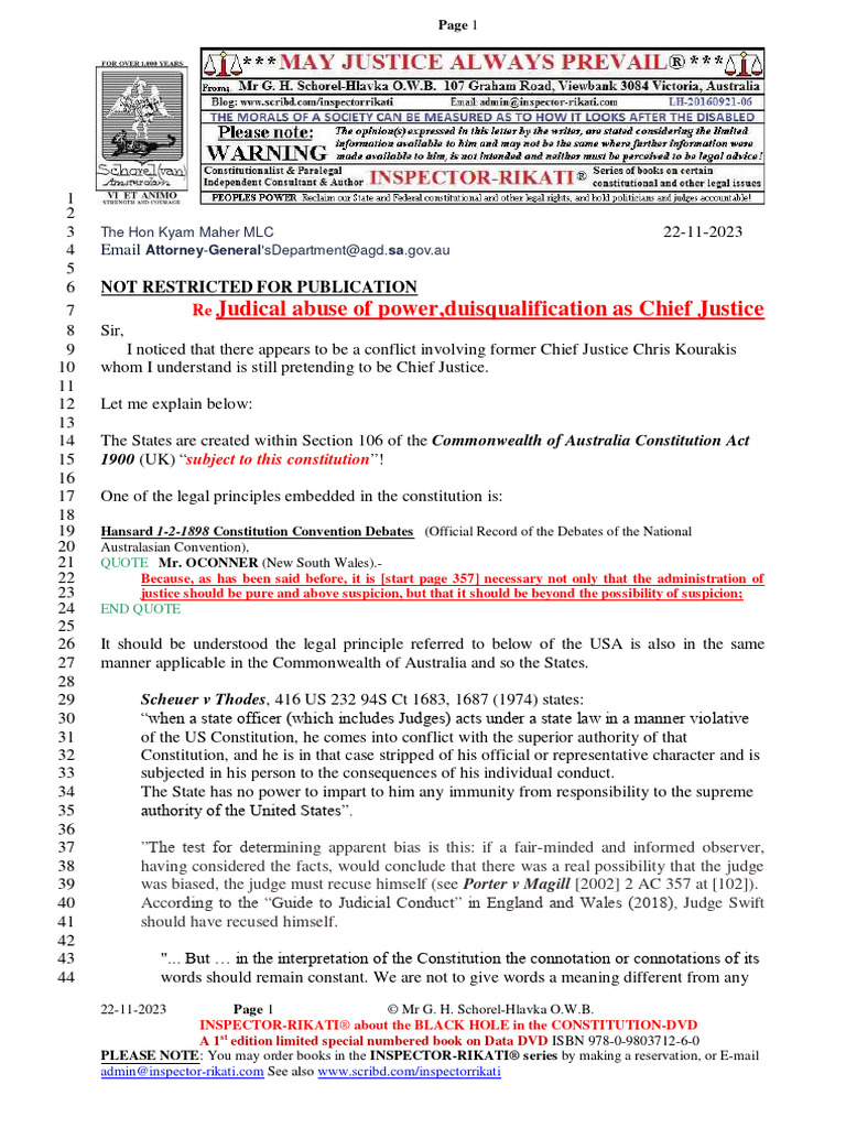 20231122-Mr G. H. Schorel-Hlavka O.W.B. To The Hon Kyam Maher MLC, SA Attorney-General | PDF ...