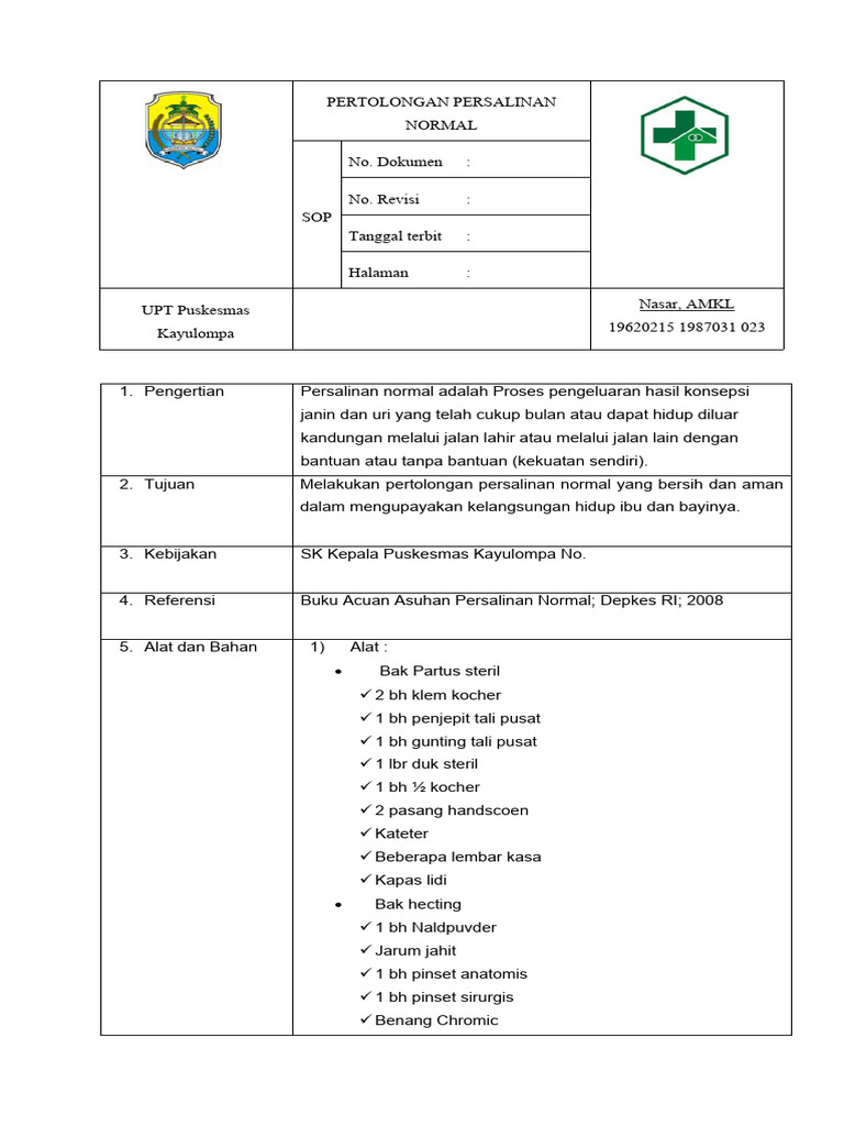 SOP Pertolongan Persalinan Normal | PDF
