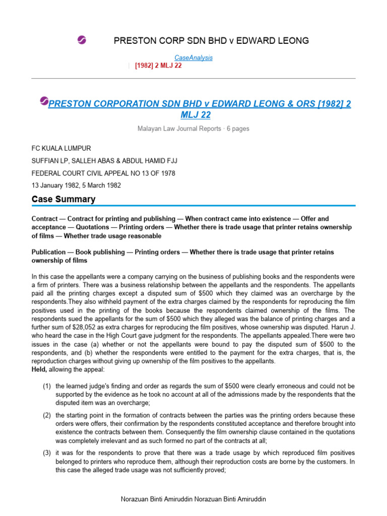Preston Corp v Edward Leong Case Summary | PDF | Offer And Acceptance | Common Law