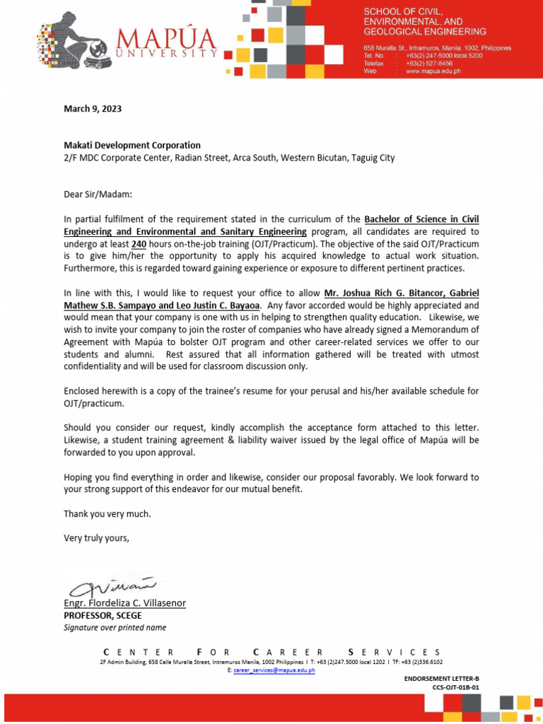 OJT Endorsement for Engineering Students | PDF | Business | Finance ...