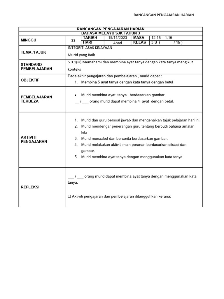 RPH Ringkas Minggu 33 BM SJK THN 3 2023 | PDF