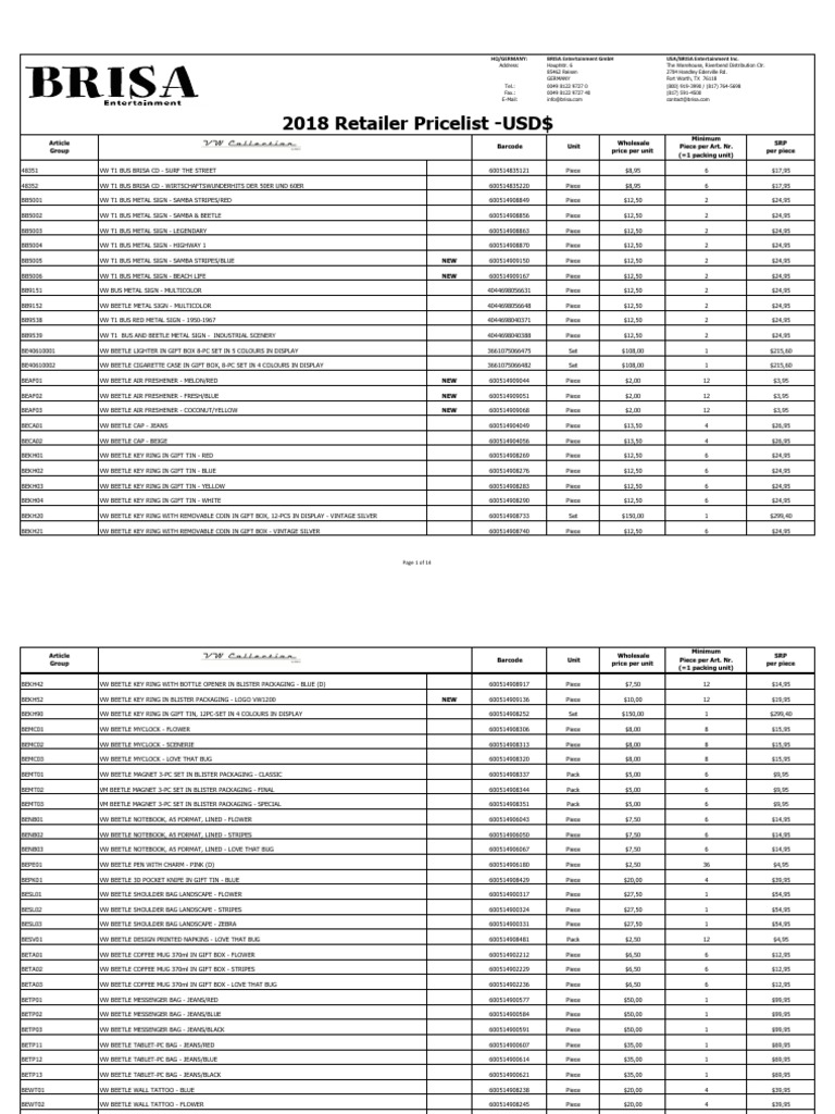 VW Merchandise Price List 2018 | PDF | Volkswagen | Black Pepper