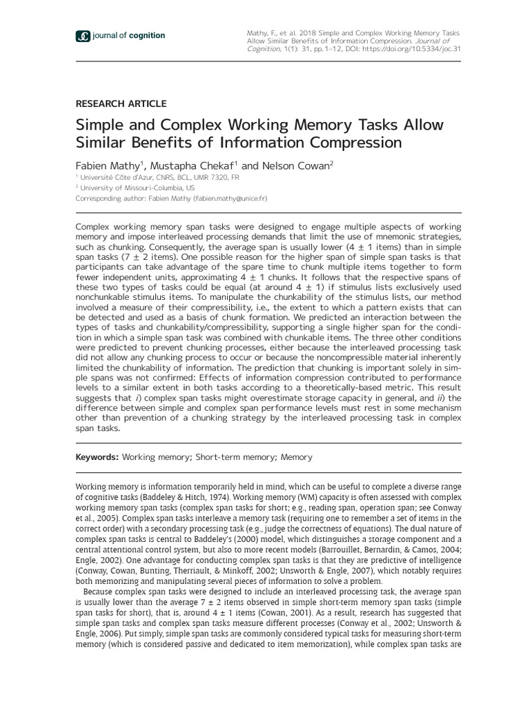 Simple and Complex Working Memory Tasks Allow Similar Benefits of Information Compression | PDF ...