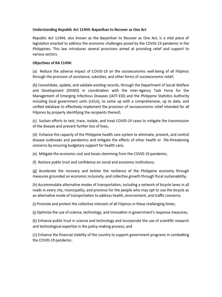 Understanding RA 11494 | PDF | Welfare | Employment