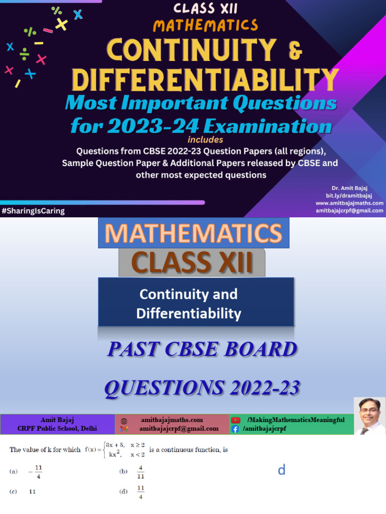 Class XII CONTINUITY & DIFFERENTIABILITY Most Important Questions For 2023-24 Examination (Dr ...