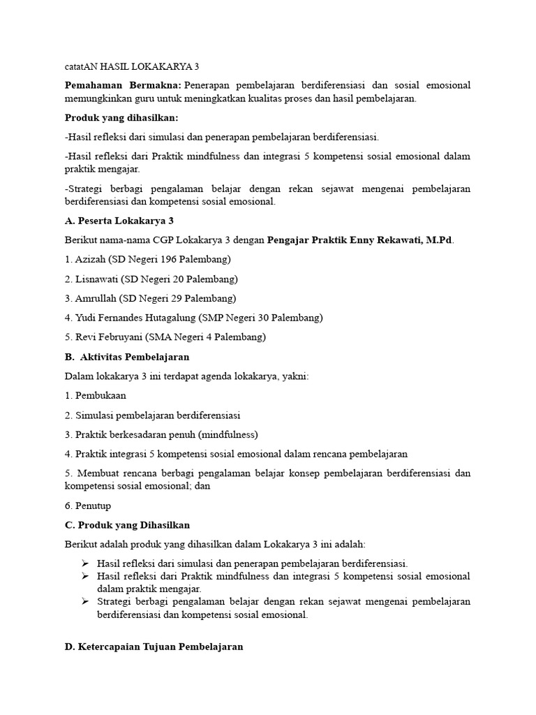 Catatan Hasil Lokakarya 3 (PP - Enny Rekawati) | PDF | Karier & Perkembangan | Pengembangan Diri