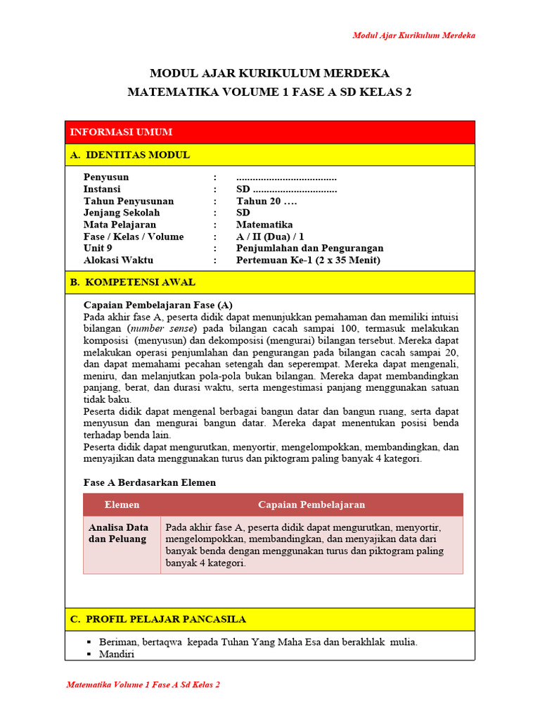 Modul Ajar Matematika Kelas 2 Unit 9 | PDF