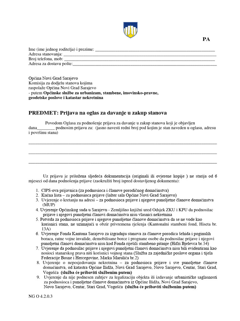 Prijava Na Oglas Za Davanje U Zakup Stanova PA | PDF