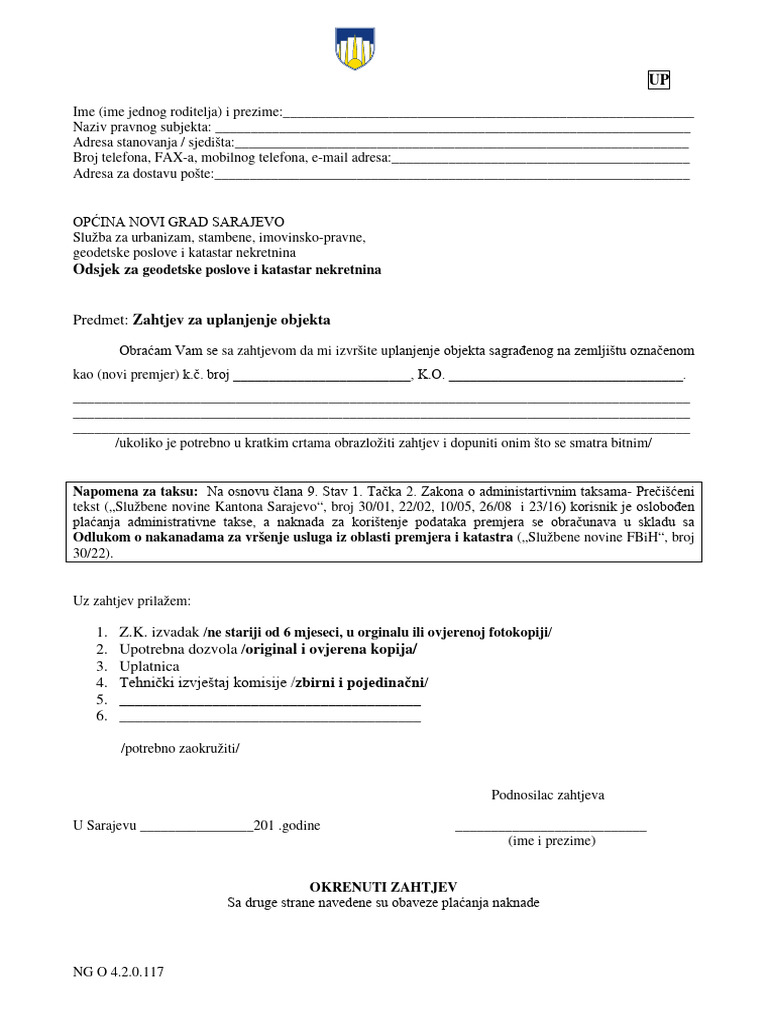 Zahtjev Za UPLANJENJE Objekta UP | PDF