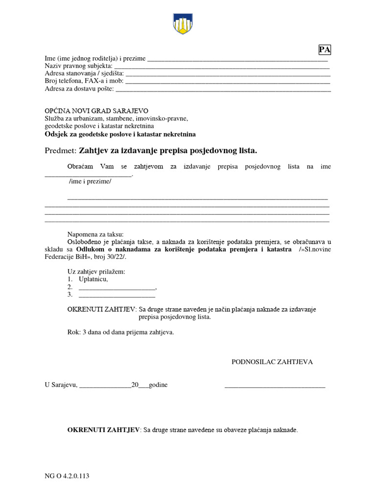 Zahtjev Za Izdavanje PREPISA Posjedovnog Lista PA | PDF