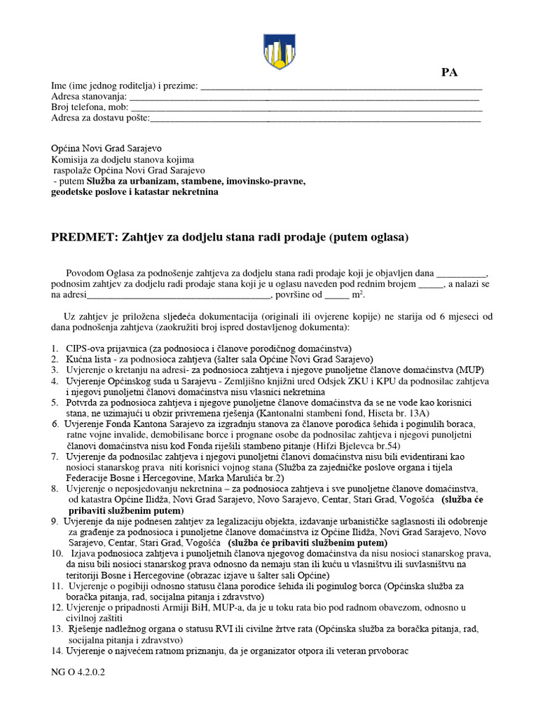 Zahtjev Za Dodjelu Stana Radi Prodaje PA | PDF