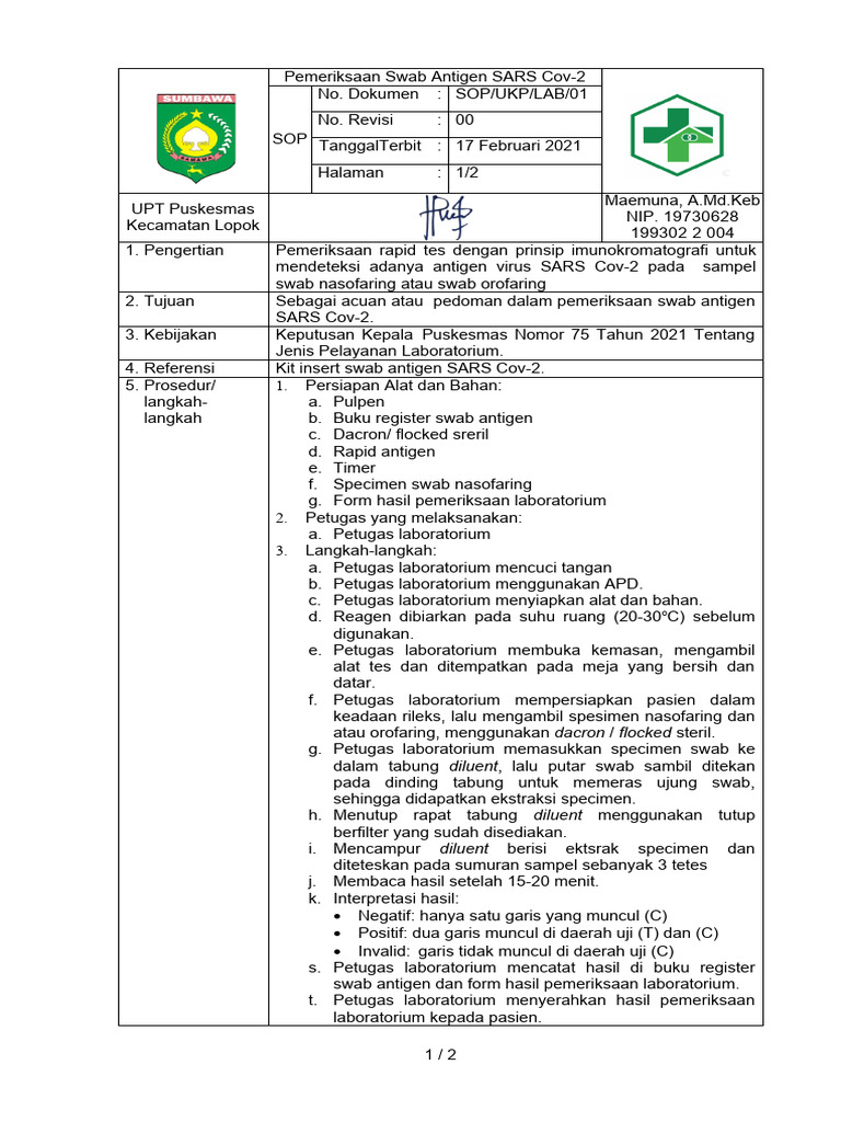 SOP Swab Antigen SARS Cov-2 | PDF