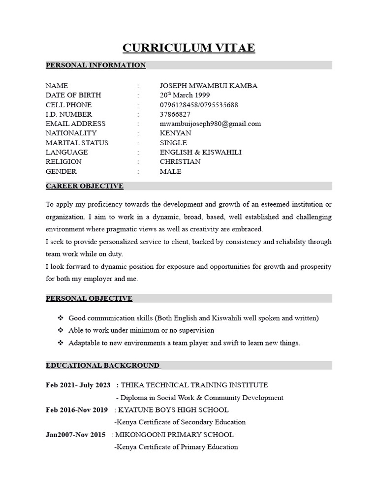 Joseph Mwambui Kamba C.V | PDF