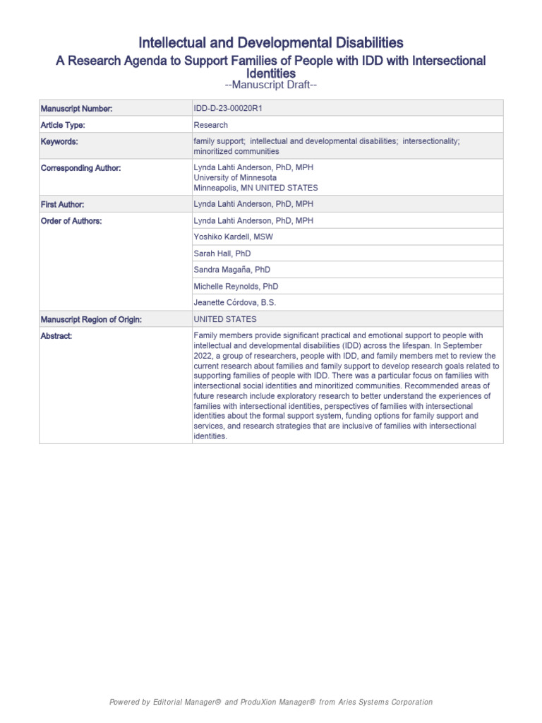 A Research Agenda To Support Families of People With Idd With ...