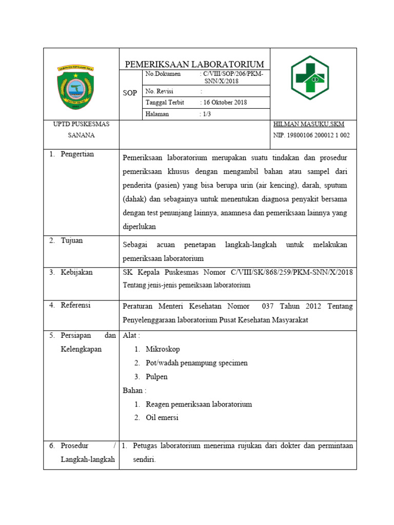 8.1.1.1 Sop Pemeriksaan Laboratorium | PDF