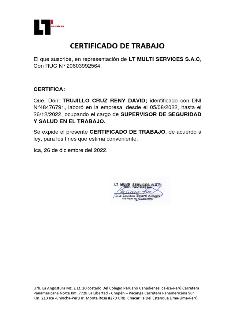 Certificado de Trabajo: Trujillo Cruz Reny David | PDF | Crecimiento ...