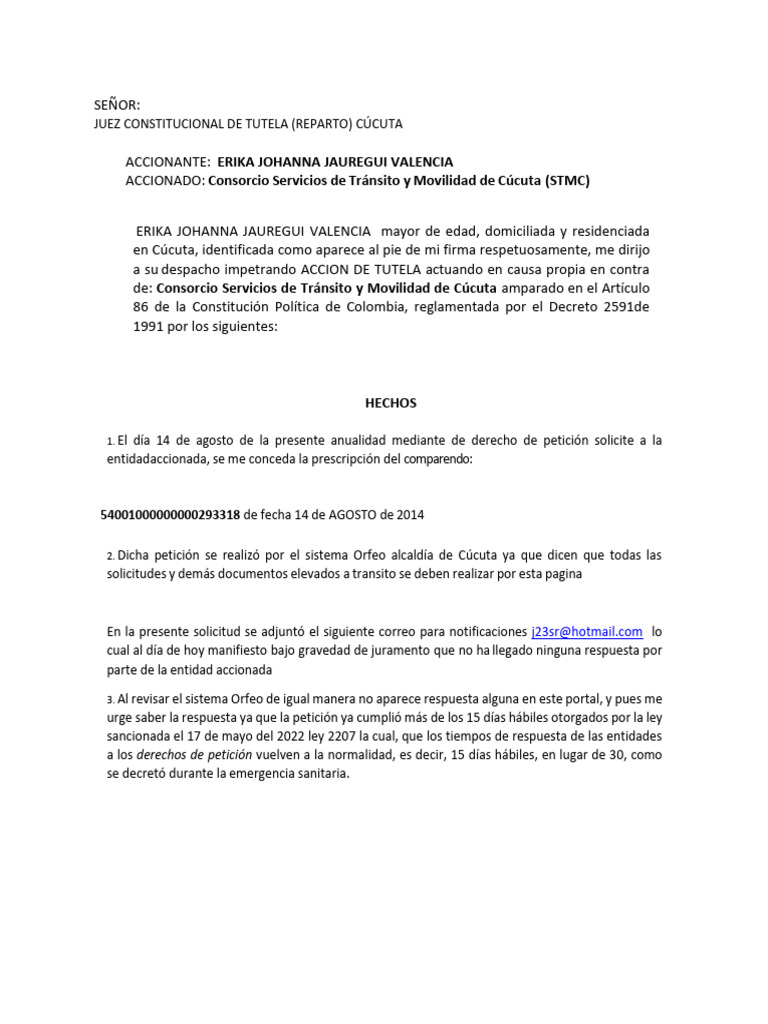 Tutela para Prescripción de Comparendo Cúcuta | PDF | Petición | Gobierno