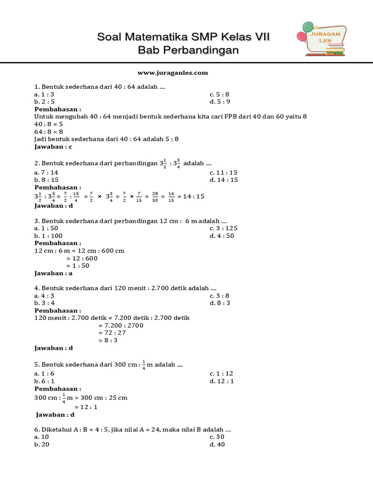 Pembahasan Soal Perbandingan Kelas 7 SMP | PDF | Metode & Bahan Ajar