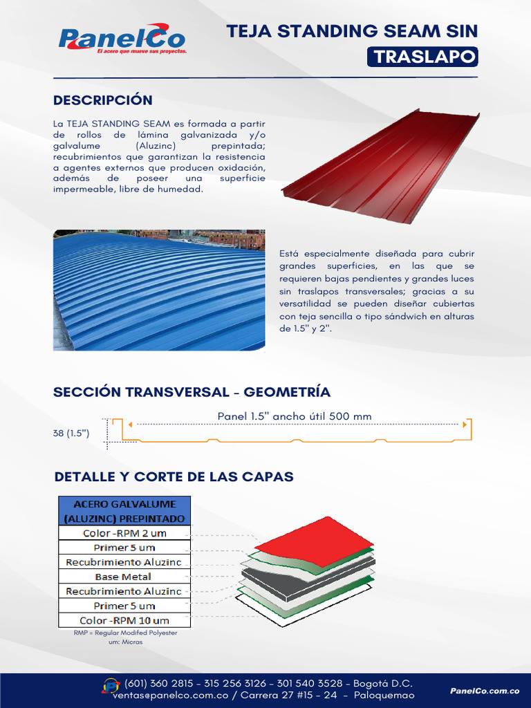Ficha Tecnica Panelco Teja Standing Seam (Sin Traslapo) | PDF | Acero | Tornillo