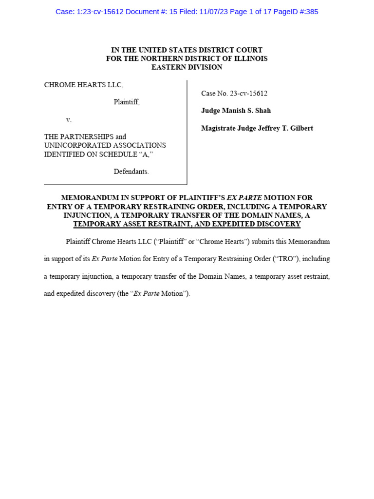 Chrome Hearts - Motion For TRO | PDF | Injunction | Trademark