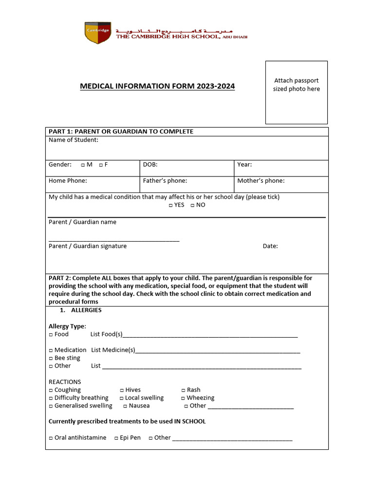 Medical Information Form 2023 - 2024 | PDF | Asthma | Allergy