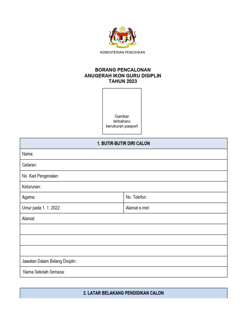 Borang Pencalonan Anugerah Ikon Guru Disiplin Dan Instrumen Pemarkahan