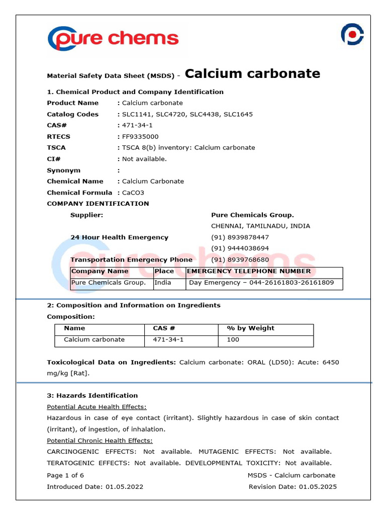 Calcium Carbonate | PDF | Toxicity | Water