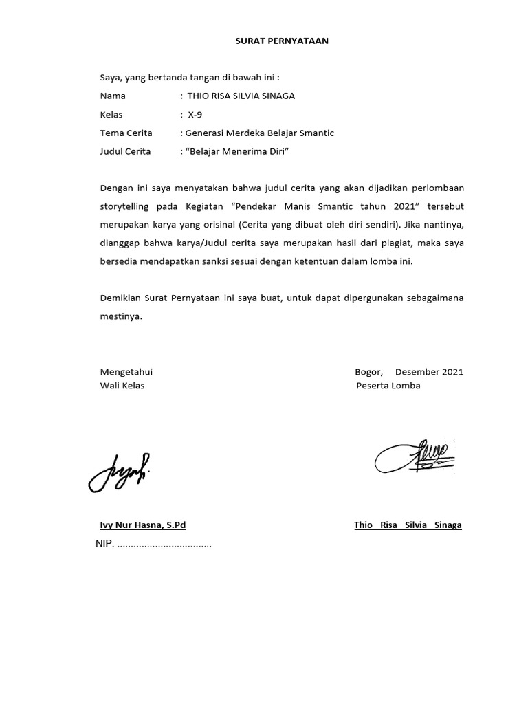 Storytellingcompetition - Thio Risa Silvia Sinaga - X9 - BELAJAR MENERIMA DIRI | PDF