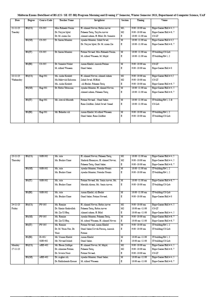 UAF BS Program Winter 2023 Exam Schedule | PDF