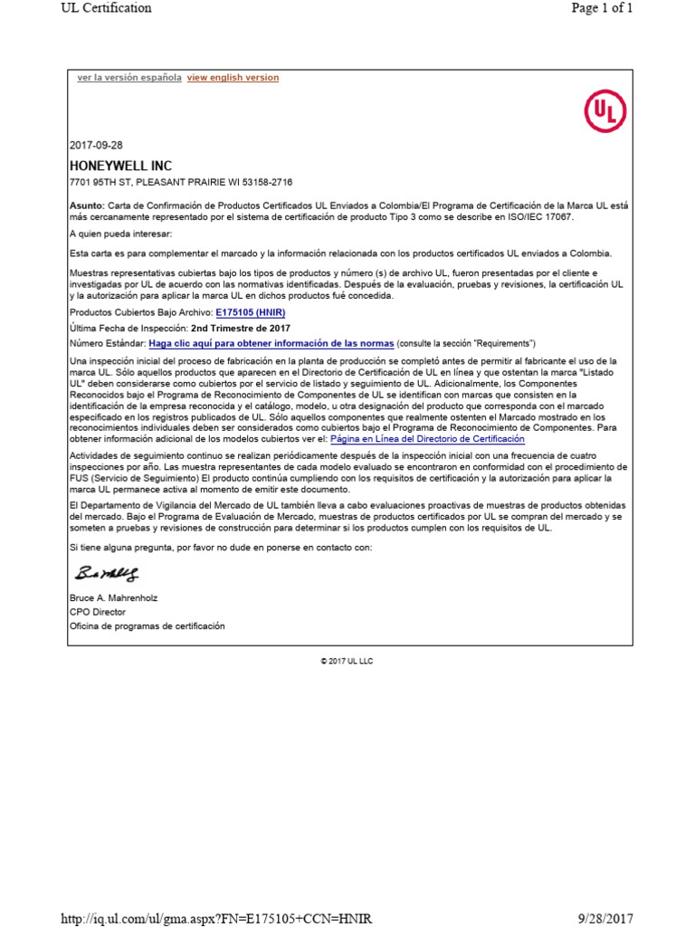 Carta de Confirmación de Productos Certificados UL Enviados A Colombia | PDF | Marca | Archivo ...