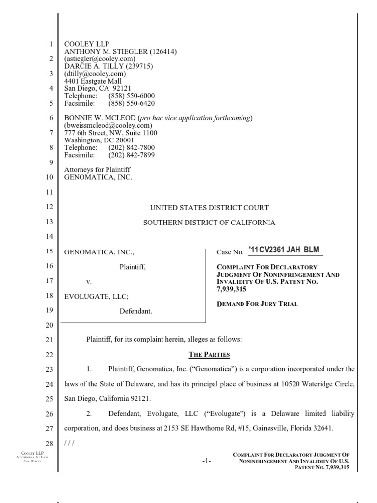 Genomatica v. Evolugate | PDF | Declaratory Judgment | Lawsuit