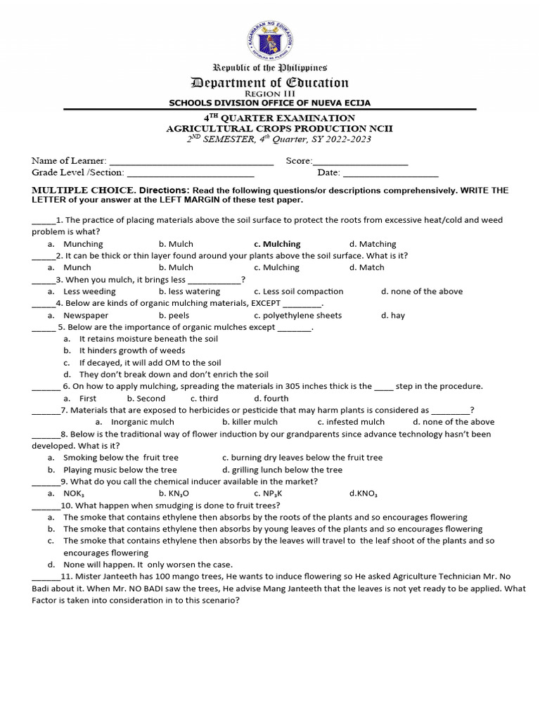 4th Quarter Exam ACP 2022-2023 | PDF | Mulch | Soil