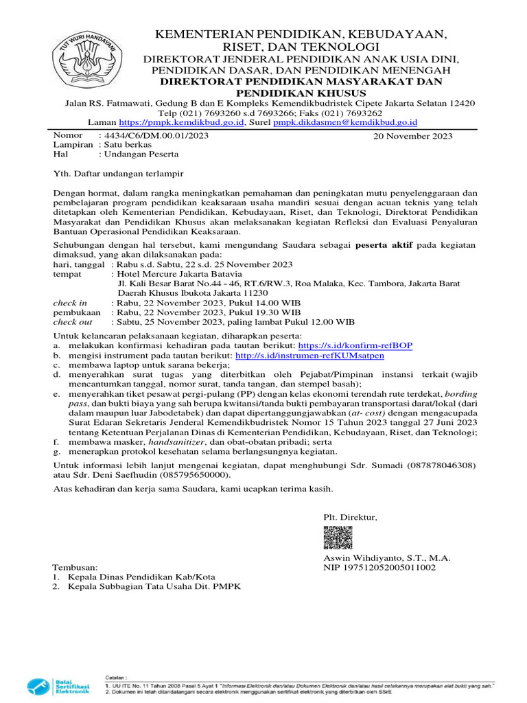 Surat Peserta Satpem Kegiatan Kegiatan Refleksi Dan Evaluasi Penyaluran Bantuan Operasional ...