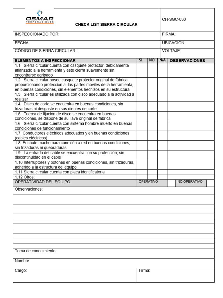 Checklist de Inspección para Sierra Circular | PDF
