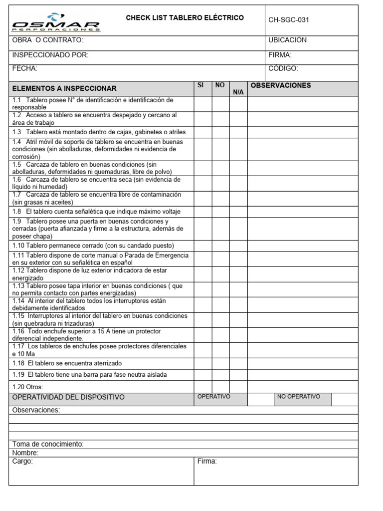 Checklist Tablero Eléctrico Iperali | PDF