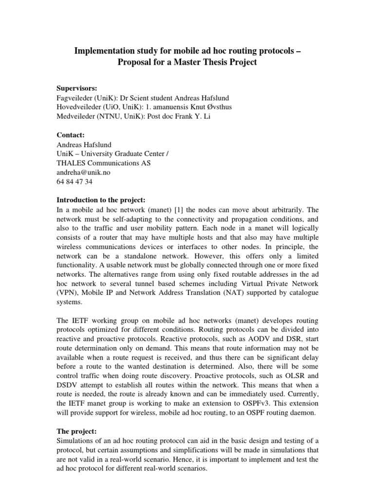 Implementation Study For Mobile Ad Hoc Routing Protocols - Proposal For ...