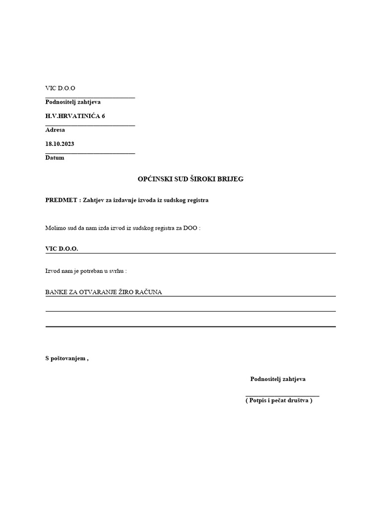 Zahtjev Za Izdavanje Izvoda Iz Sudskog Registra | PDF