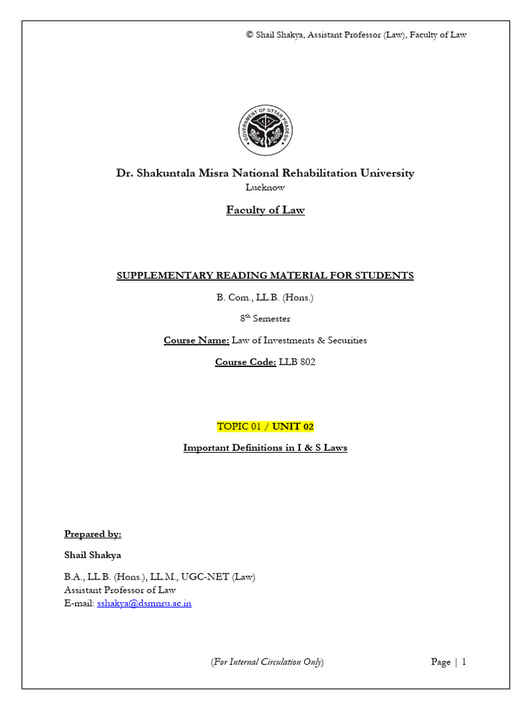01 - Important Definitions | PDF | Securities (Finance) | Stocks