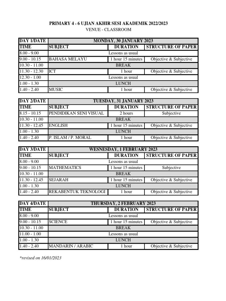 UASA Revised Timetable | PDF