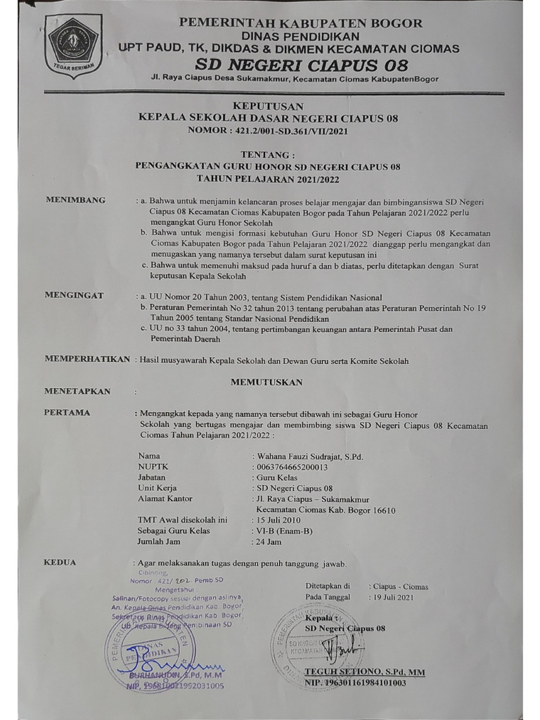 Scan SK Legalisir Dinas Wahana 2021 - 2022 - 2022 - 2023 | PDF