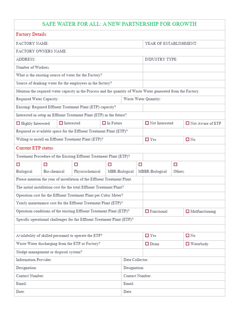 Etp-Data Collection Form-Safe Water For All | PDF | Sewage Treatment ...