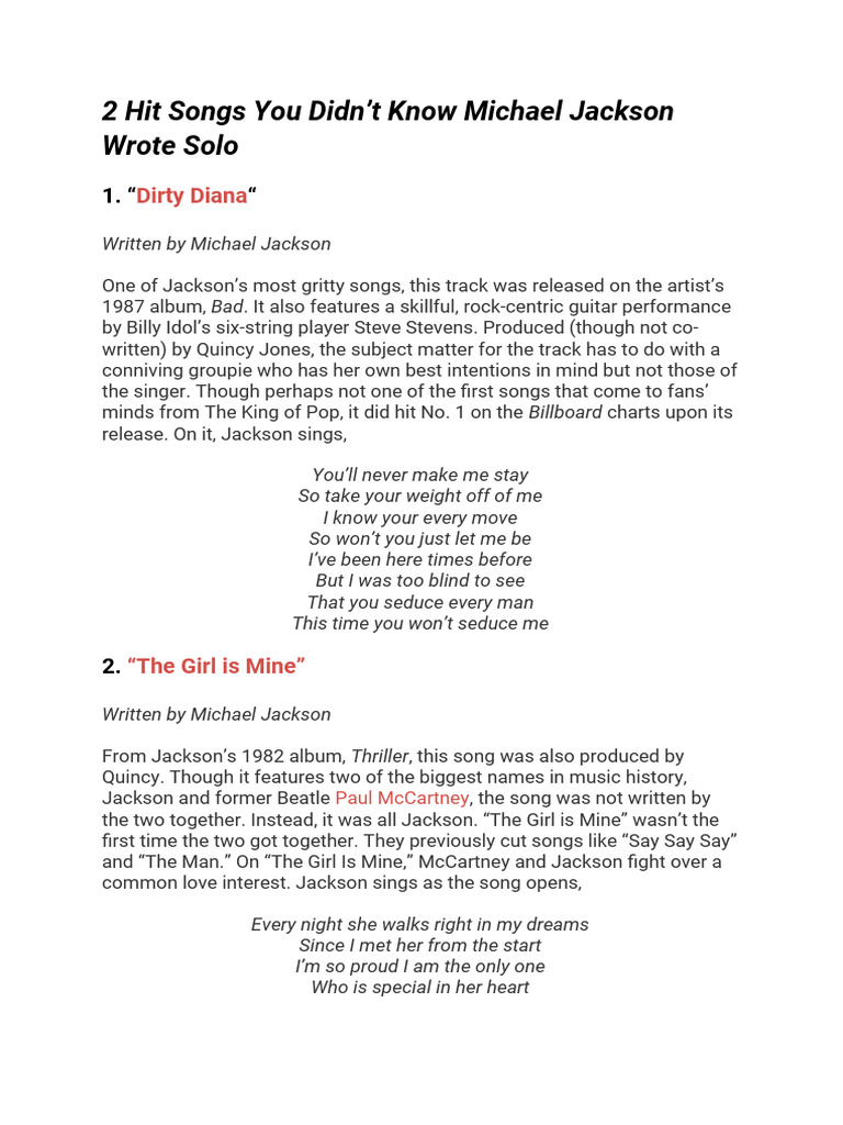 Micheal Jackson's Songs You Didn't Know He Write Solo | PDF