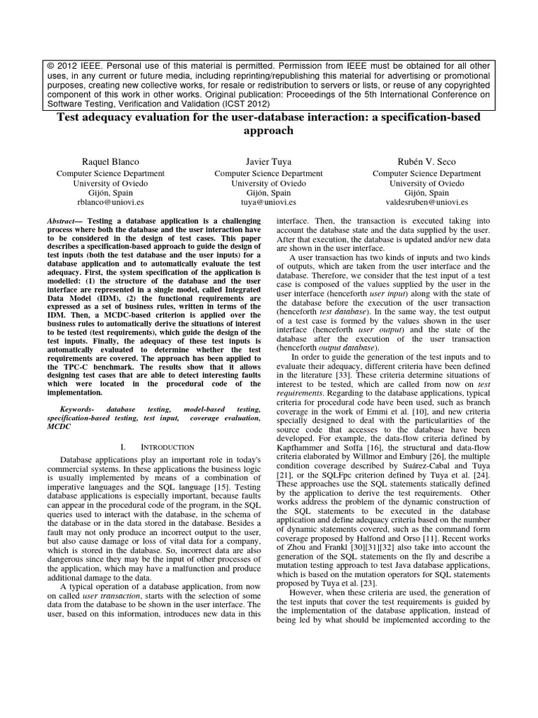 Blanco 等 - 2012 - Test Adequacy Evaluation for the User-database Int ... Blanco 等 - 2012 - Test Adequacy Evaluation for the User-database Int ...