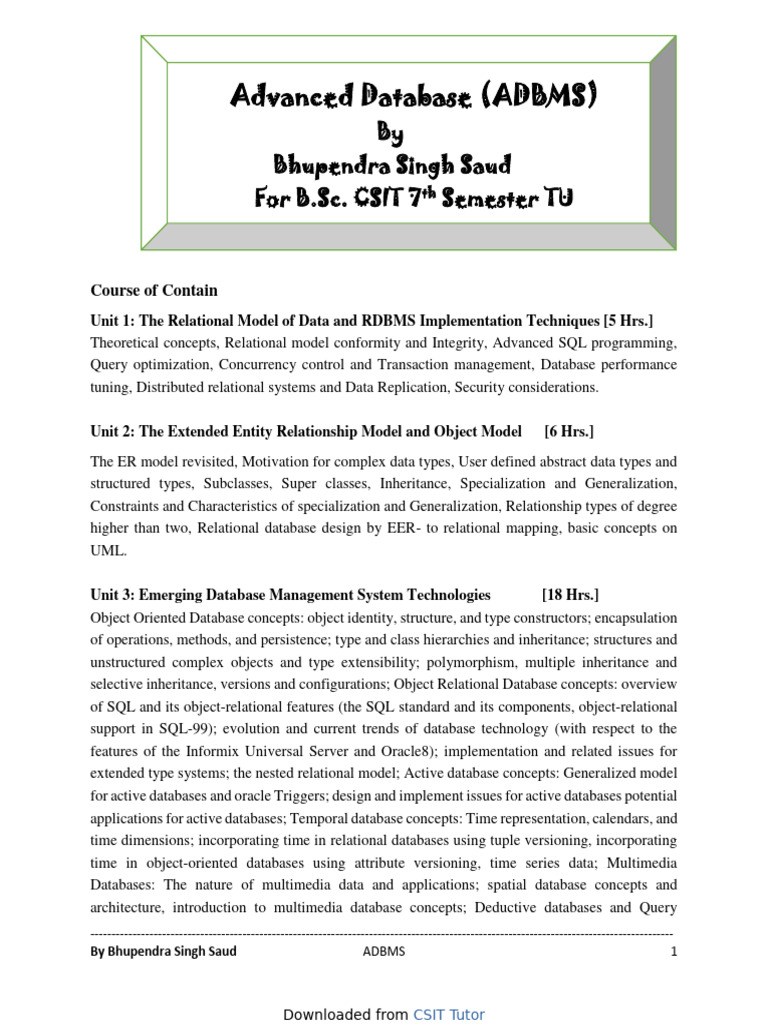 Advanced Database Note | PDF | Databases | Relational Database Advanced Database Note | PDF | Databases | Relational Database