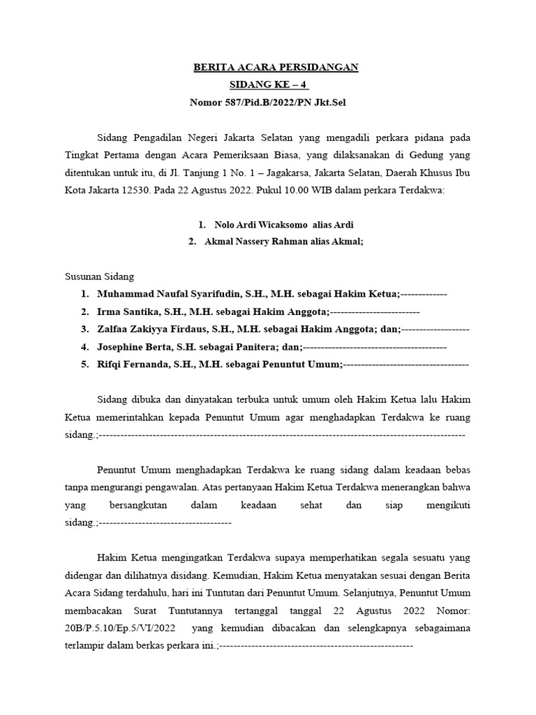 Berita Acara Sidang Pidana Ke-4 | PDF | Hukum